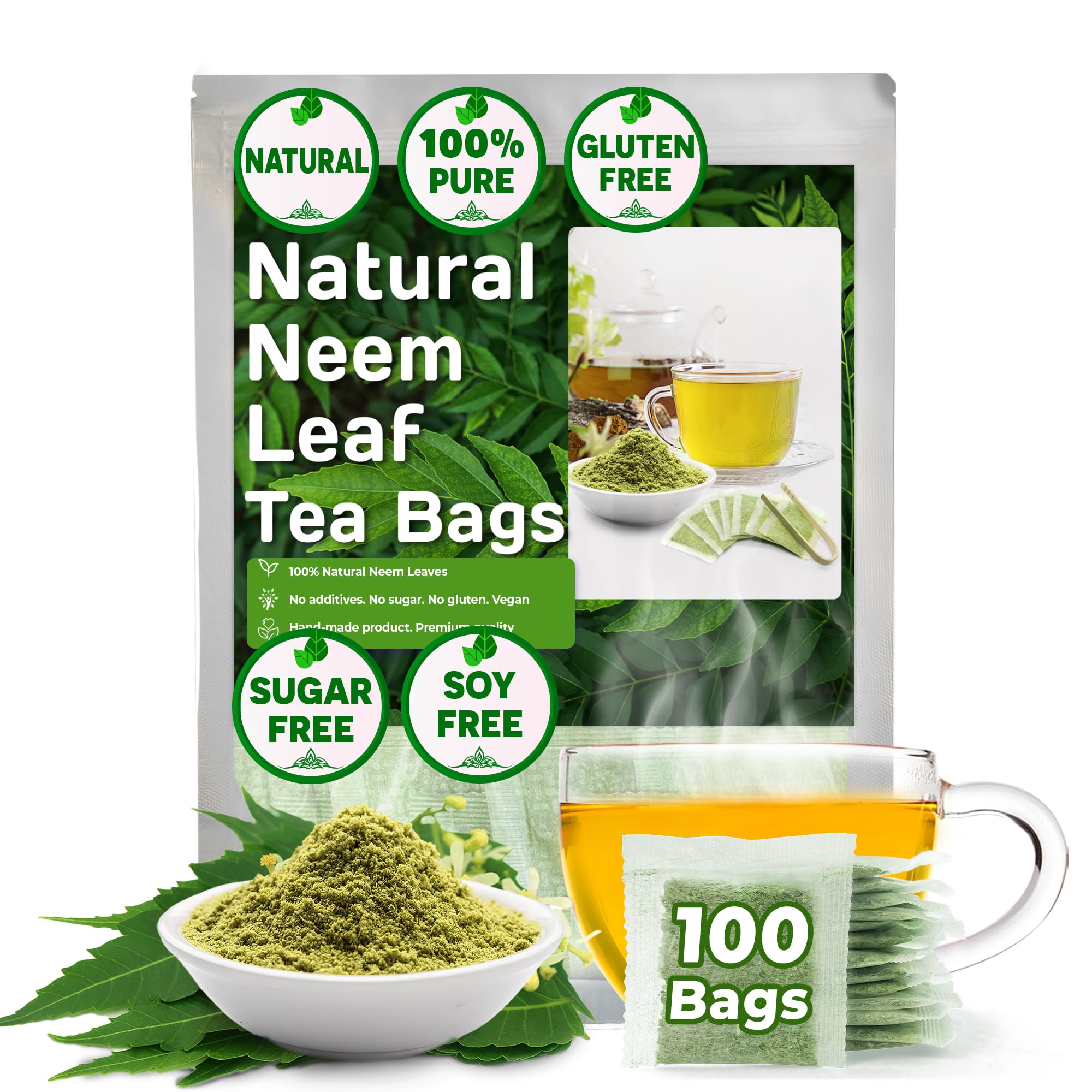 Premium 100 Neem Leaf Tea Bags, 100% Natural and Pure from Neem Leaves. Loose Leaf Neem Herbal Tea. Neem Leaf Tea. No Sugar, No Caffeine, No Gluten, Vegan.