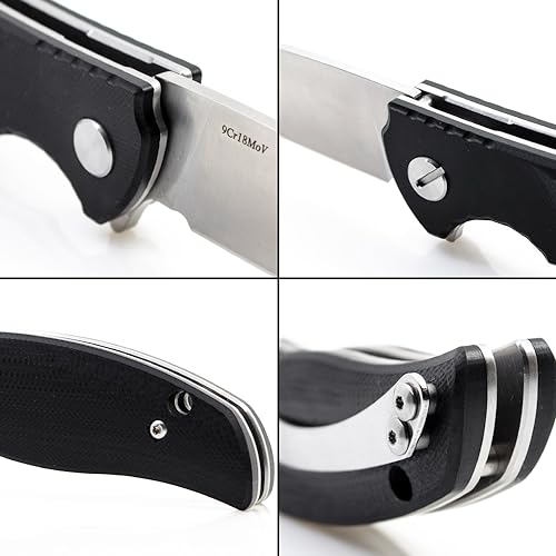 Pocket Knife - Black Folding Knofe with G10 Handle - 9CR18MOV Stainless Steel - Multipurpose Work Jack Tactical Knives - Best for EDC Camping Fishing Hiking Hunting - Cool Gifts for Men S-22