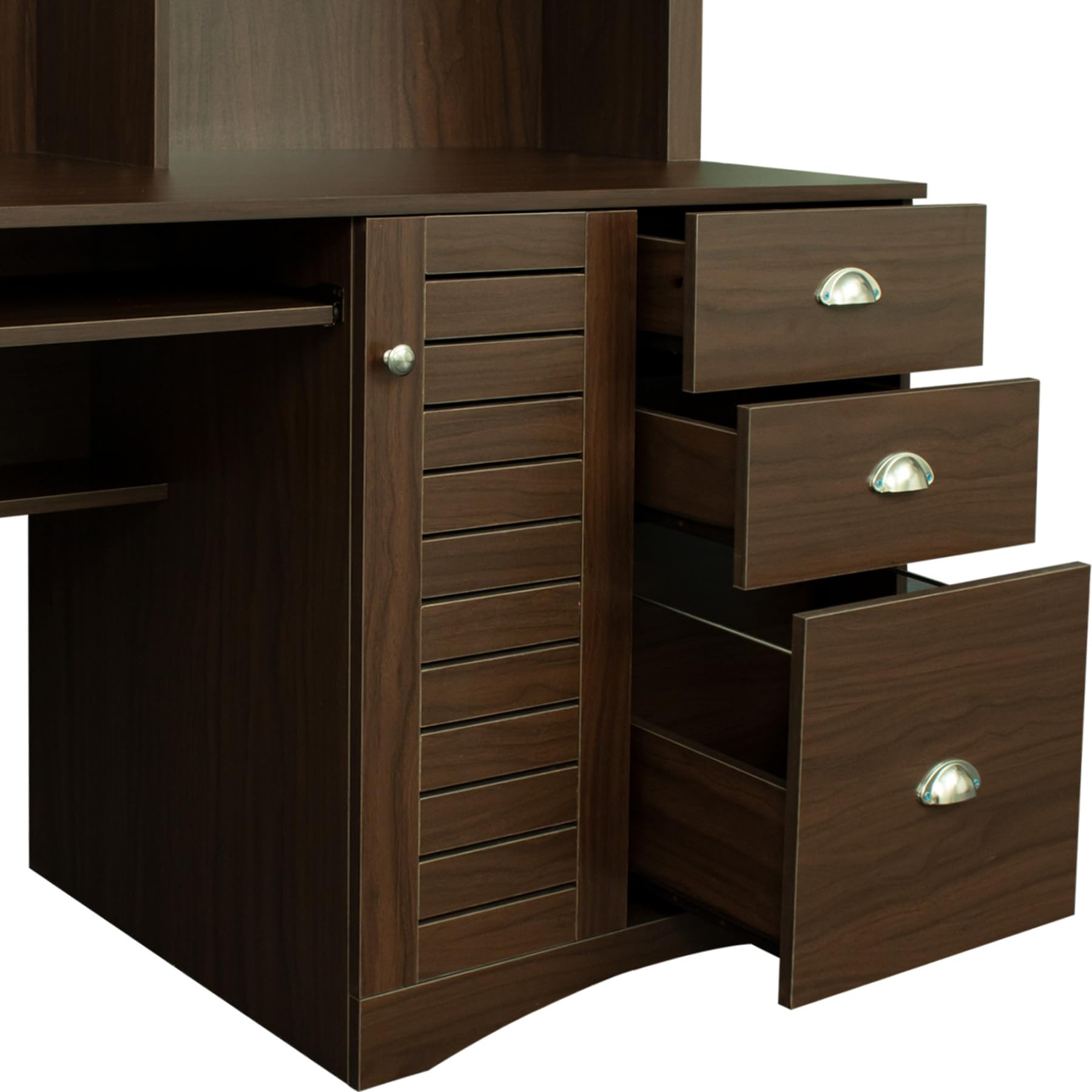 JINS&VICO Computer Desk with Drawers Bookshelf and Keyboard Tray,Wood Executive Desk with Hutch,Teens Student Desk, Modern Style Writing Laptop Home Office Desk,Computer Desk with Walnut Finish