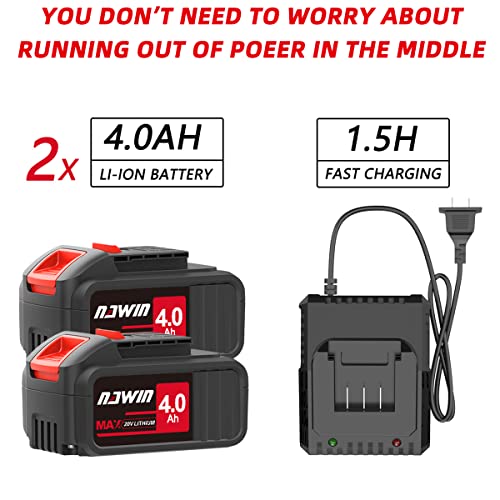 Power drill cordless,NAWIN 20V Impact drill,2x4.0Ah Battery and Fast Charger, 708ln-lbs Torque,Metal Keyless Chuck, Brushless Motor,2-Variable Speed