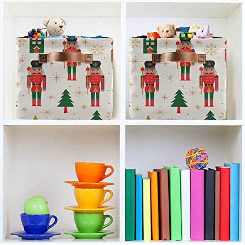 xigua Christmas Nutcracker Xmas Tree Snowflake Storage Basket Foldable Storage Bin Canvas Rectangular Storage Basket with Leather Handles for Home Closet & Office Decoration