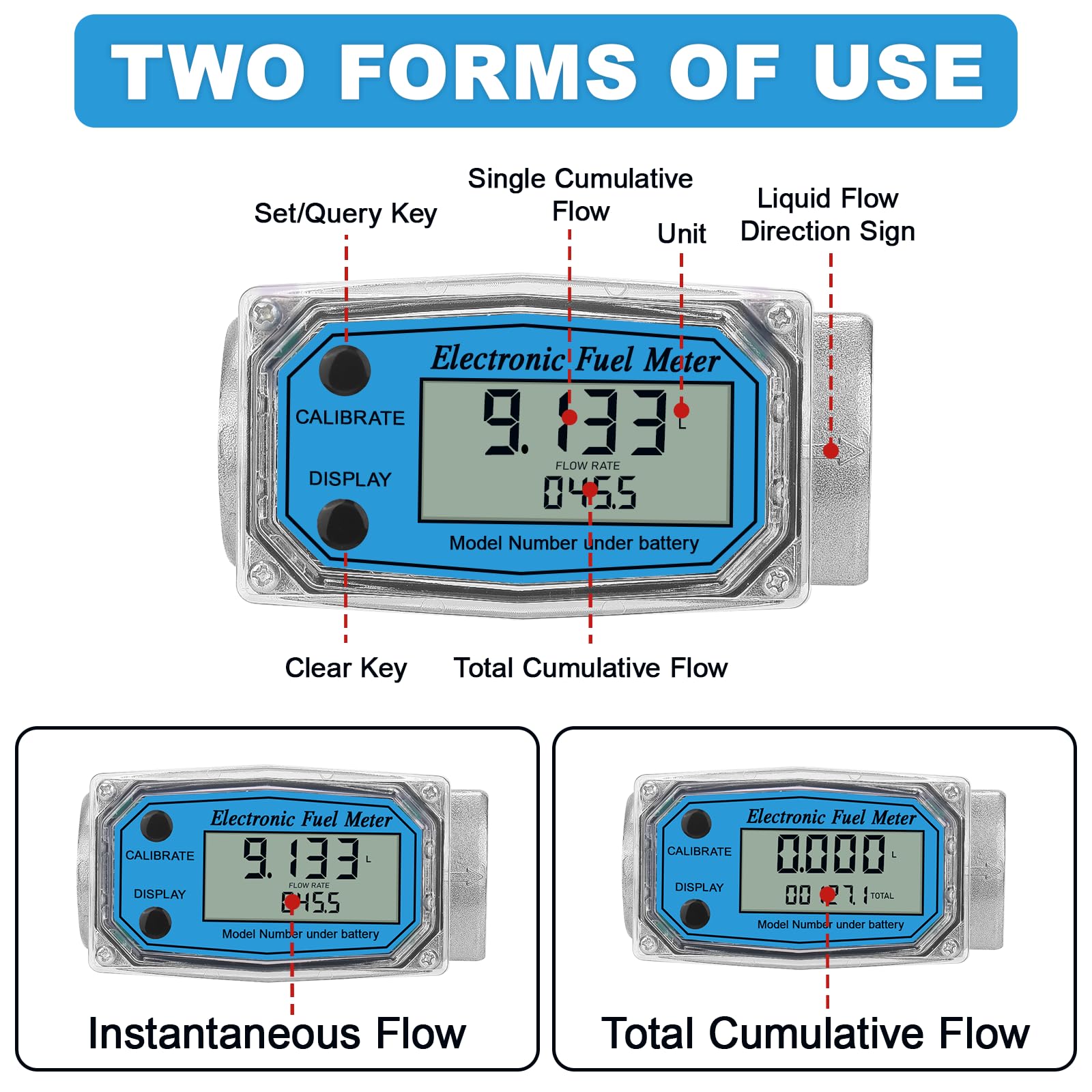 UwinVwin 1" 2.6-26 GPM Inline NPT Thread Flowmeter, Digital Turbine Fuel Flow Meter, for Water, Diesel, Gas Oil, Gasoline, and Other Liquids - Supports Gallon, QTS, PTS, L, m³ with 3/4 in Adapters