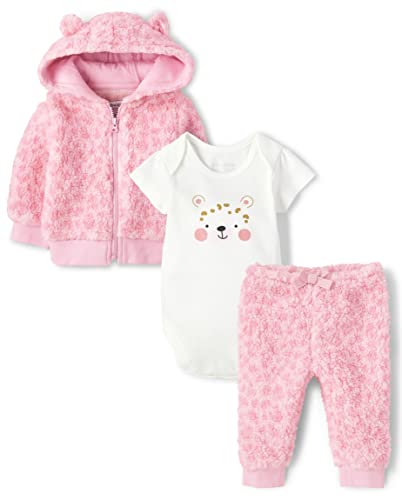 The Children's Place Baby Long Sleeve Bodysuit and Pants Set 3-Pack, Pink Leopard/White Bear, 12-18 Months