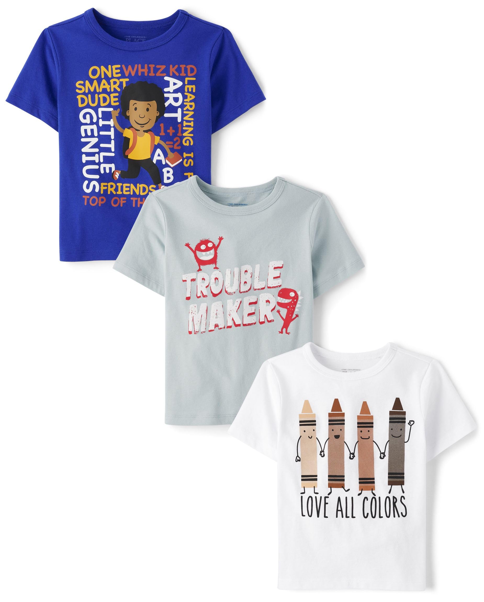 The Children's Place Baby Boys' and Toddler Assorted Everyday Short Sleeve Graphic T-Shirts, Handsome Always Trouble, 3T
