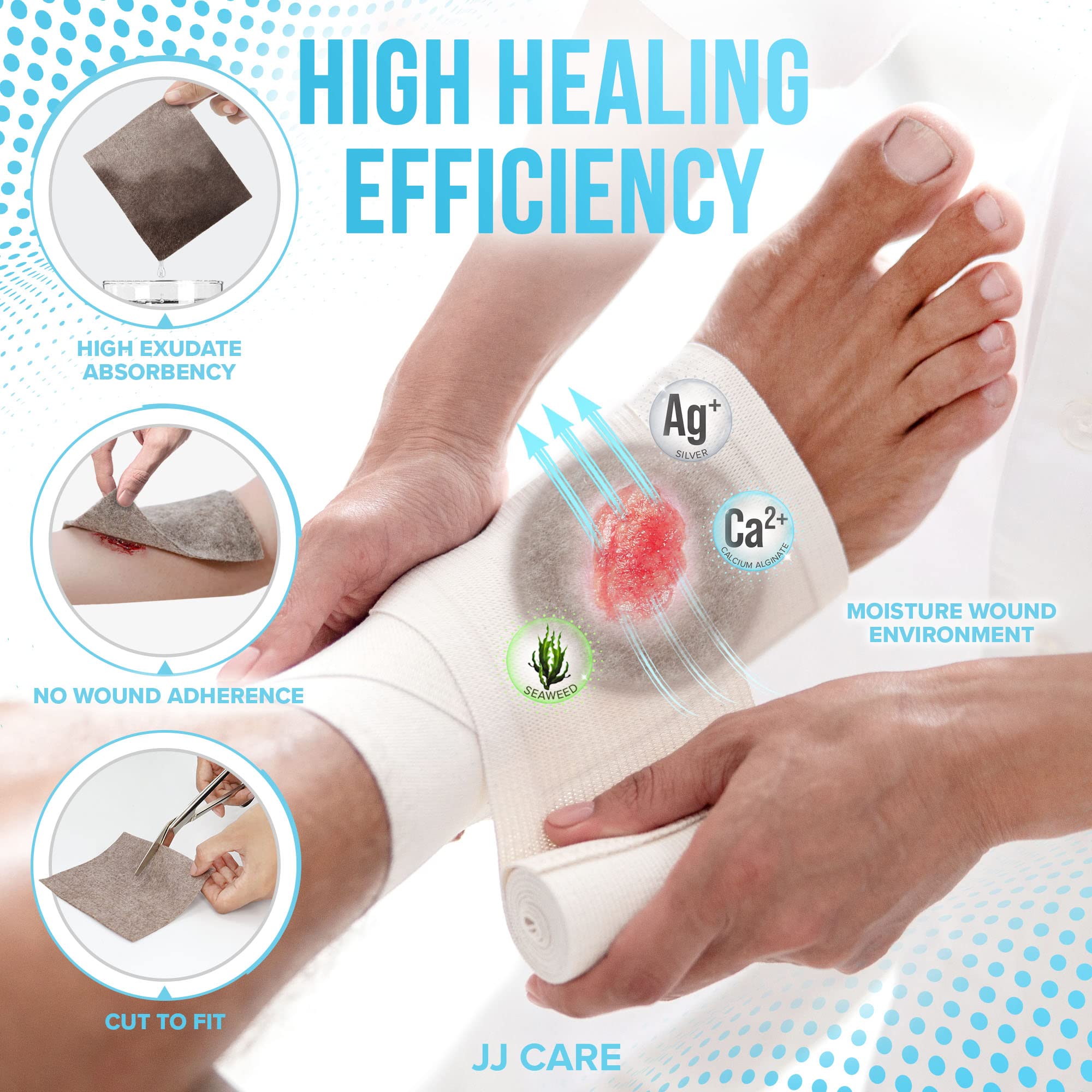JJ CARE Silver Calcium Alginate Wound Dressing (Pack of 10) 4x5, Calcium Alginate Wound Dressing, Individually Packed Calcium Alginate, Highly Absorbent Silver Wound Dressing