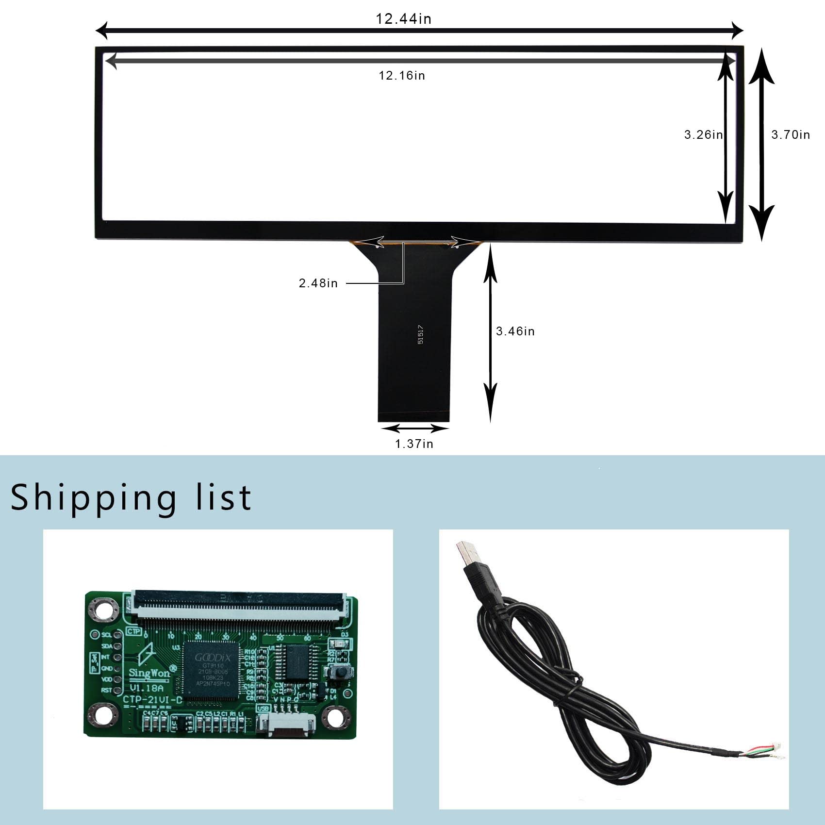 VSDISPLAY 12.6'' Capacitive Touch Sensor Panel with USB Controller for 12.6 Inch 1920x515 NV126B5M-N41 IPS LCD Screen(Screen NOT Included),Support 10 Point Multi Touch