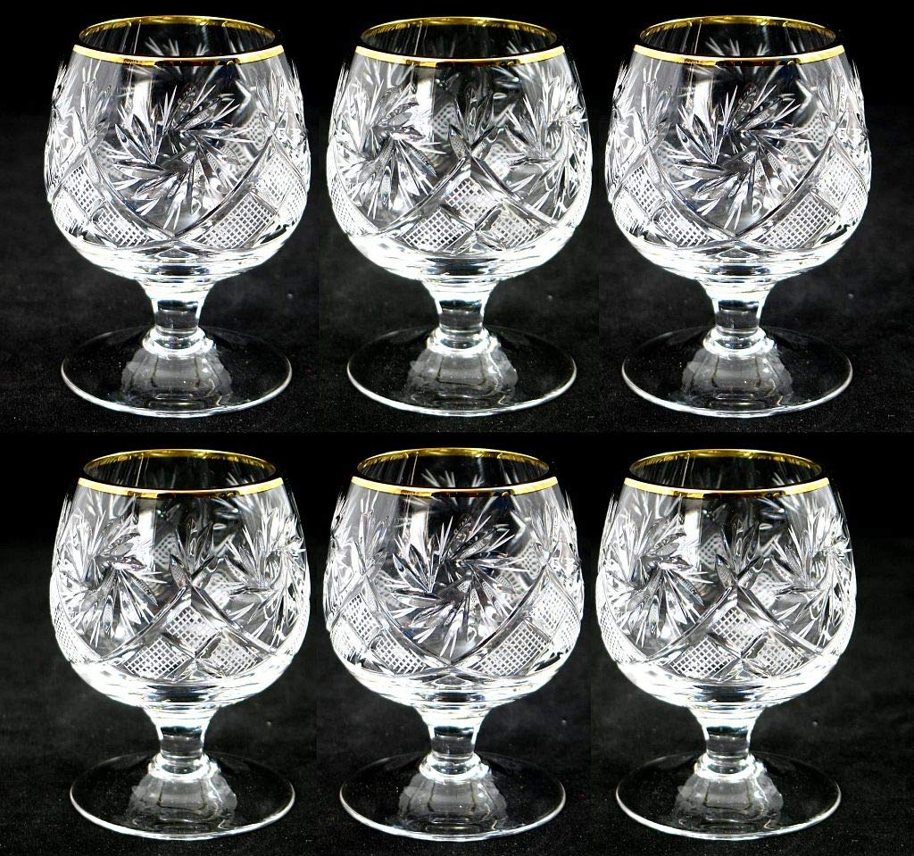 Neman Russian Cut Crystal Sherry Glasses with Gold Rim Shot Glasses on Short Stem. 1.2oz (35ml). Set of 6