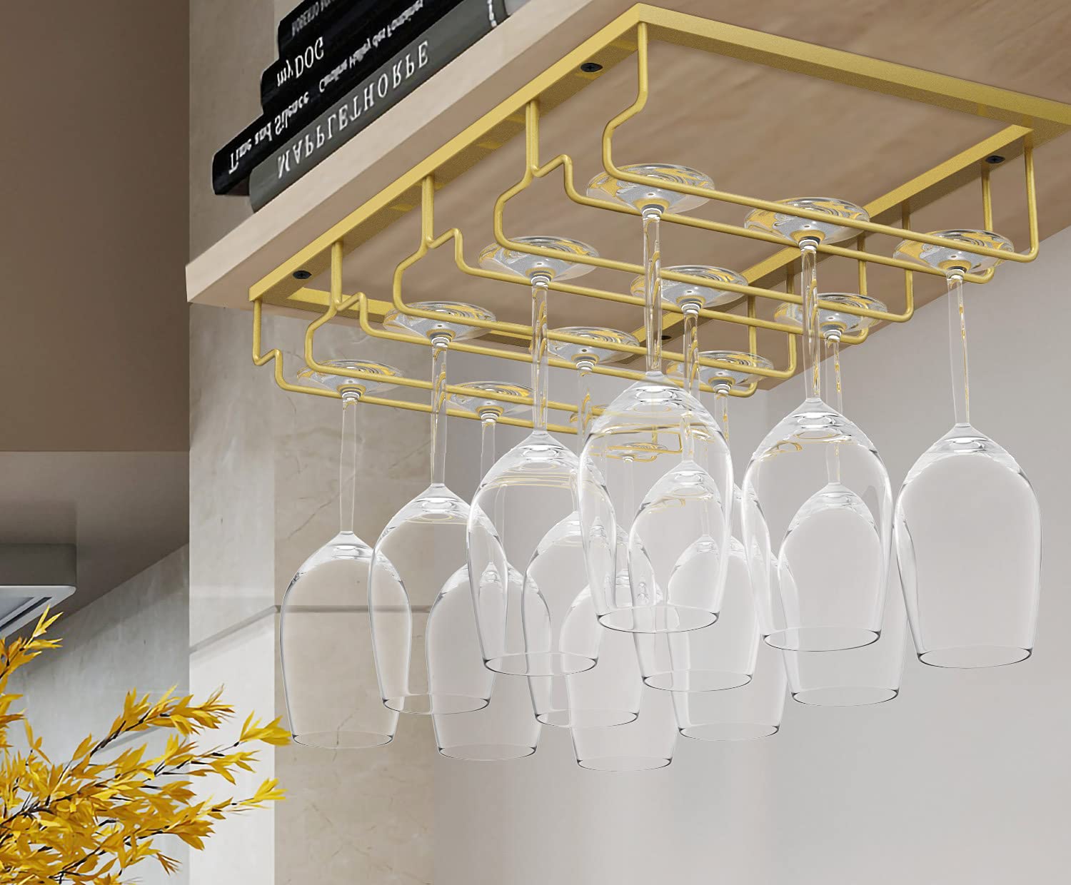 Nuovoware Hanging Stemware Holder, Wine Glass Holder Hanging Wine Glass Holder with 4 Rails for Under Shelf Glass Cabinet Hanging Chrome Kitchen Bar - Gold