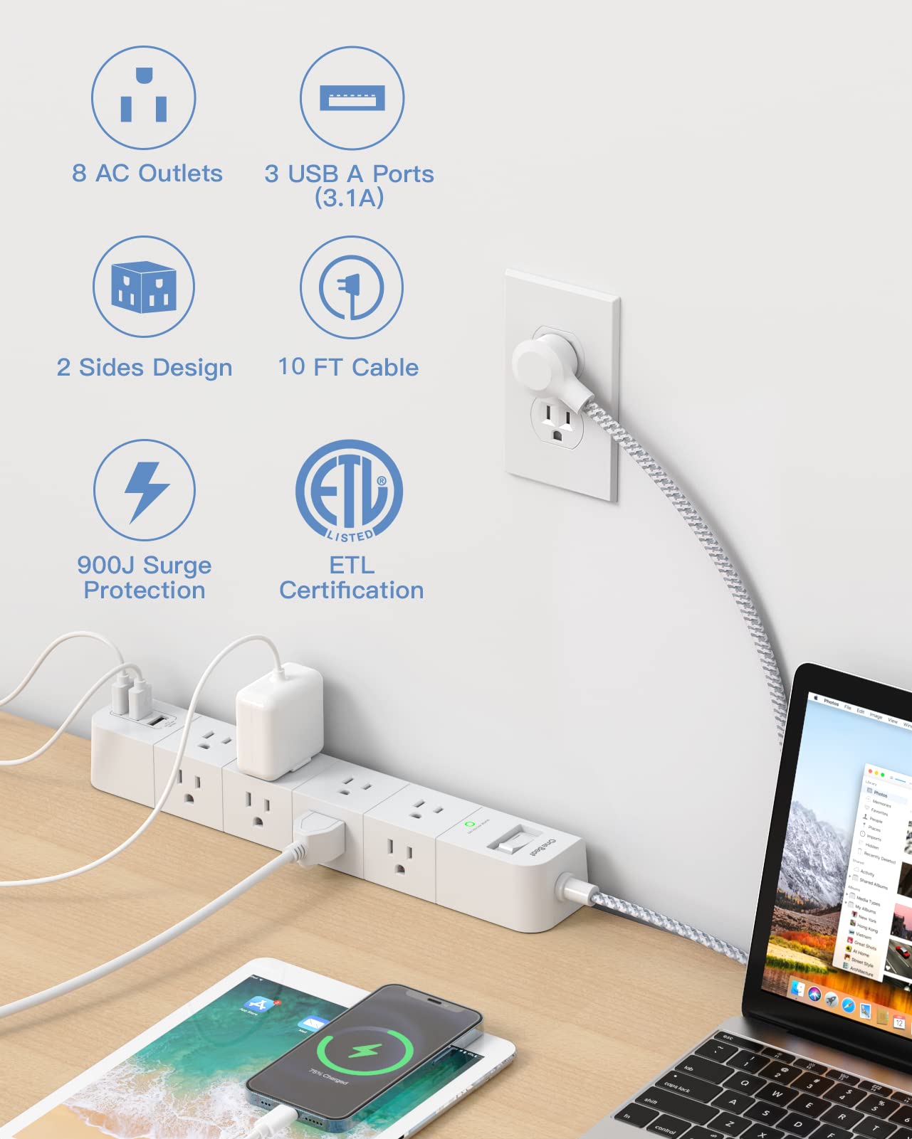 Power Strip Surge Protector - Widely Outlets with 3 USB Ports (1 USB C), Outlet Extender Strip with 5 Ft Extension Cord, Flat Plug, Wall Mount, Small Power Strip for Travel Office Dorm Home