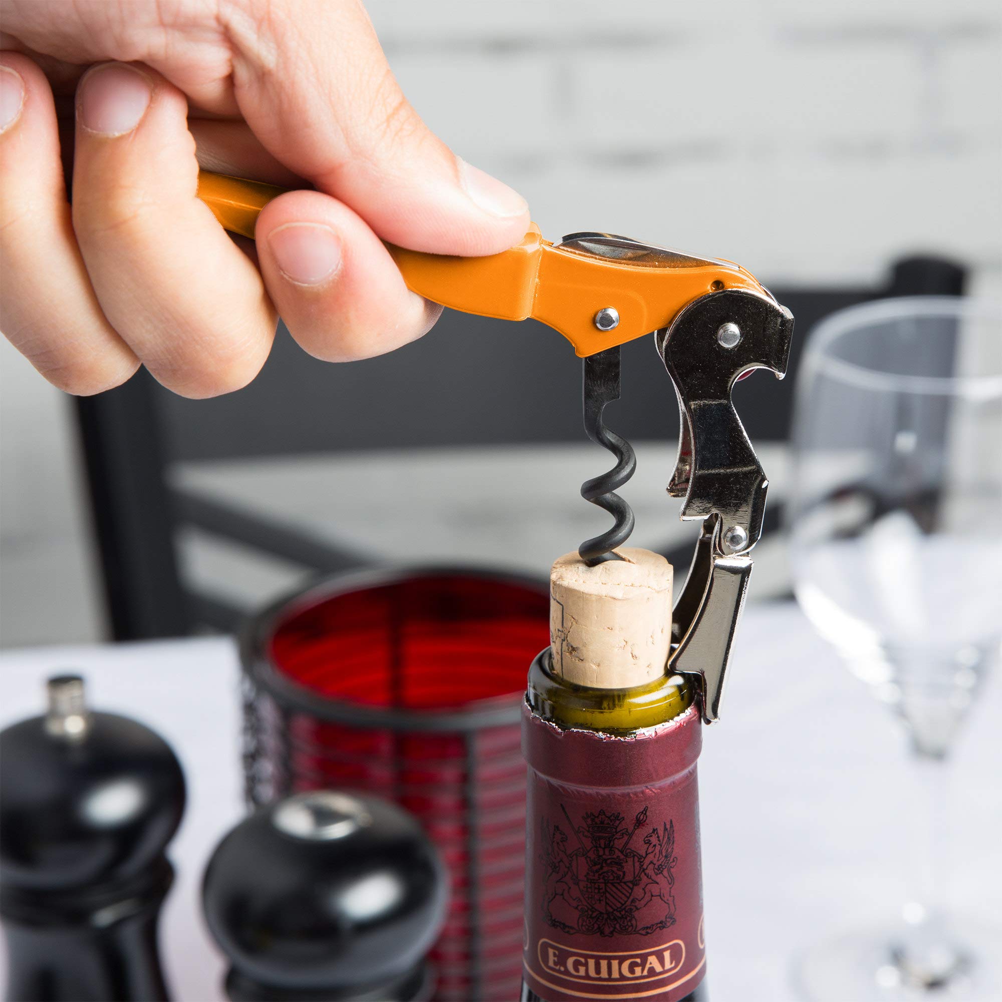 Pulltap's Double-Hinged Waiters Corkscrew, Wine Opener and Foil Cutter, Beer Bottle Opener, Orange