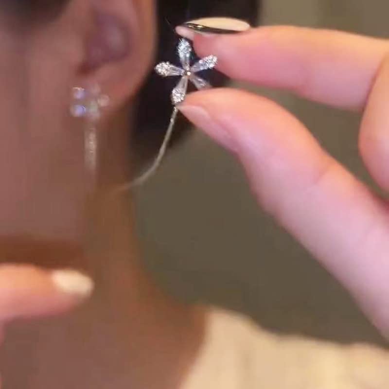 QIEU Shiny Diamond Flower Earrings,Crystal Flowers Tassel Chain Dangle Drop Earrings,Cute Simple Threader Long Chain Statement Studs Earring Jewelry for Women Girls (Sliver)