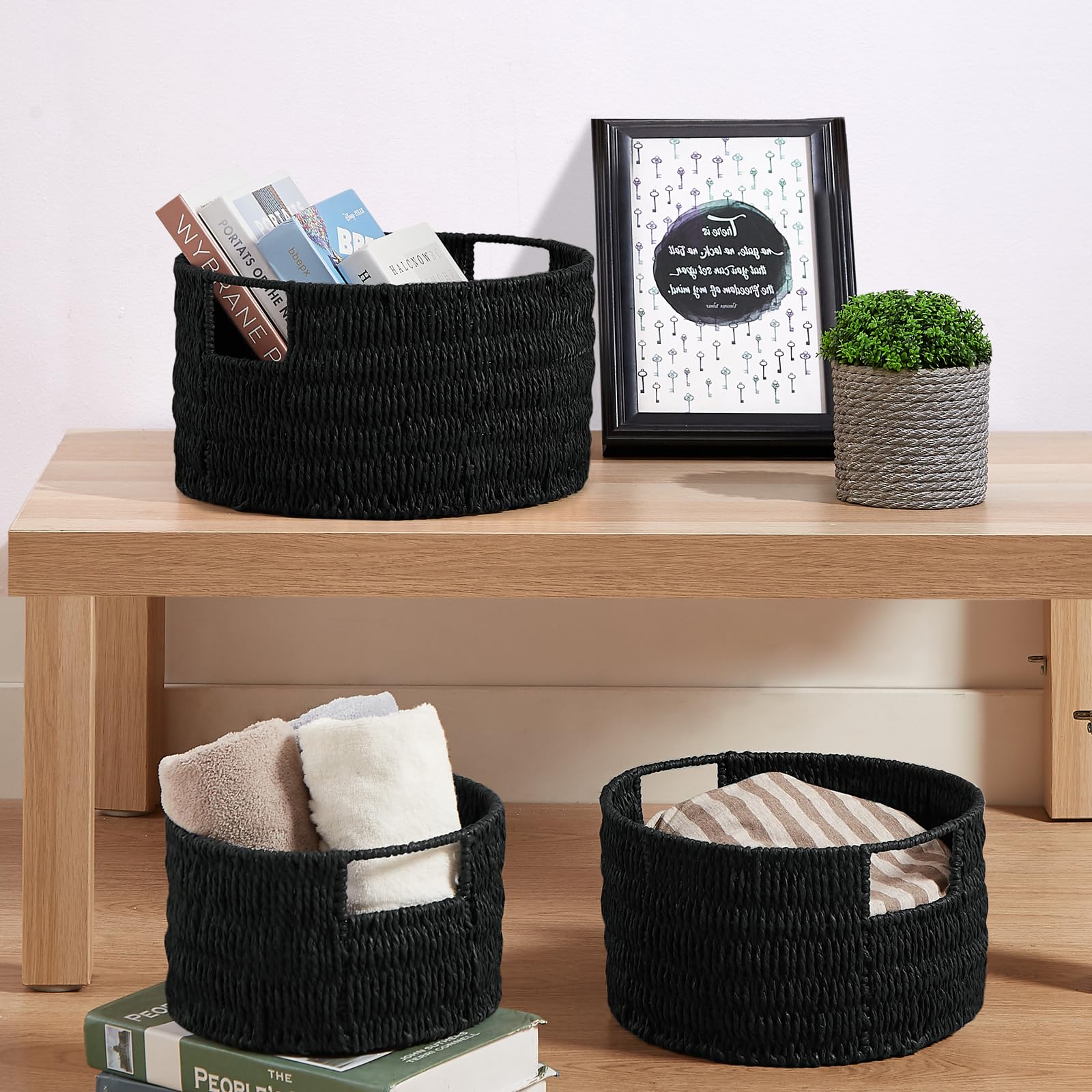 Vagusicc Wicker Storage Basket, Hand-Woven Paper Rope Large Round Woven Basket With Handles, Wicker Baskets for Organizing/Storage, Brown, 3-Pack