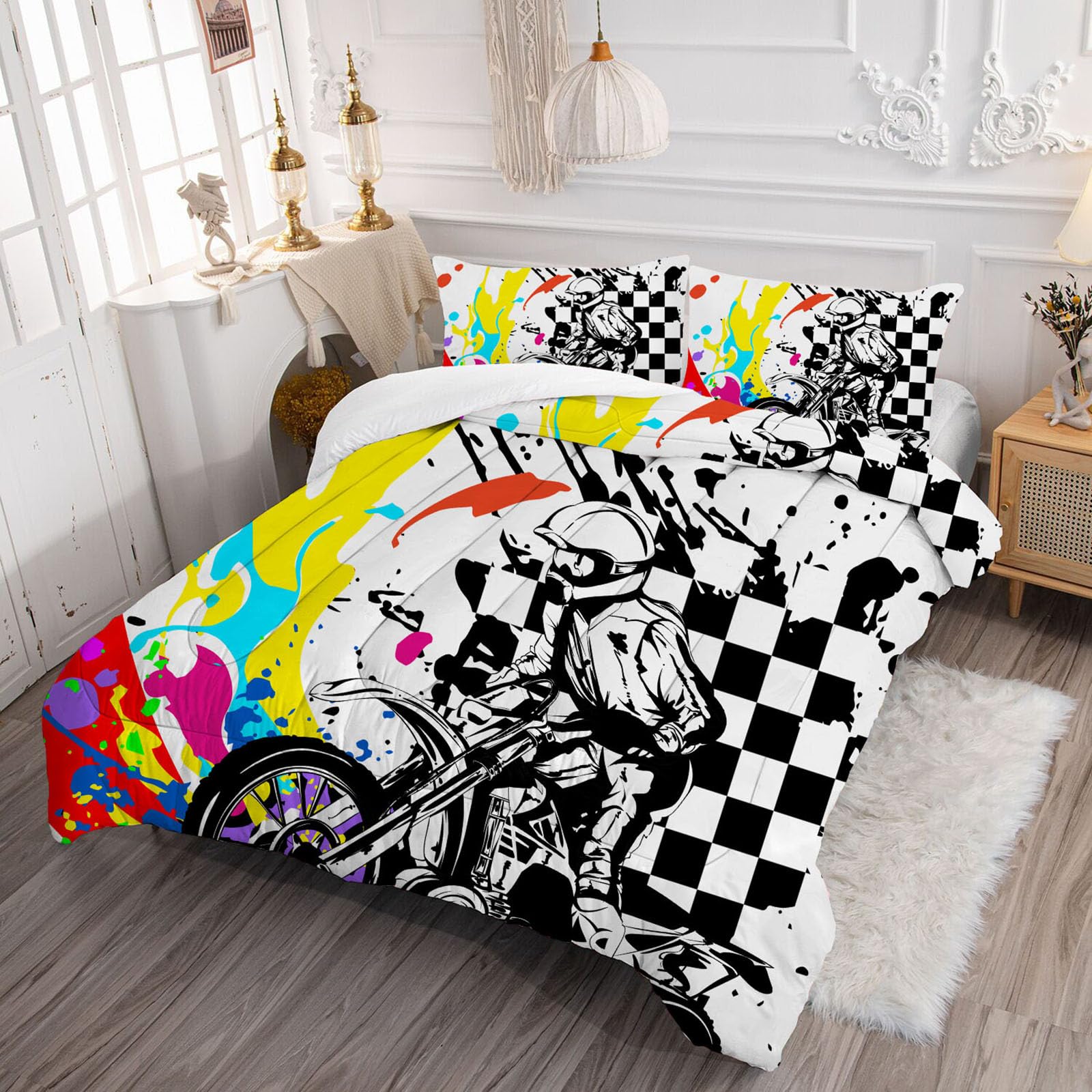 VTKON Motorcycle Comforter Set Full Extreme Sports Bedding Set for Boys Girls Dirt Bike Bedding Set Motocross Bedding Sets Boys Tie Dye Comforter Set Includes 1 Comforter + 2 Pillowcases