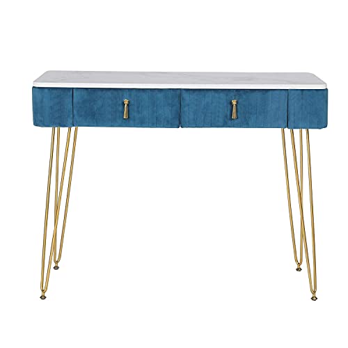 Joveco 39’’ Vanity Table with 2 Drawers- Modern Makeup Vanity Desk- Dressing Table Small Desks for Bedrooms- Home Office Computer Desk- White Marble Wood Veneer/Gold Metal Legs/Blue Soft Microfiber