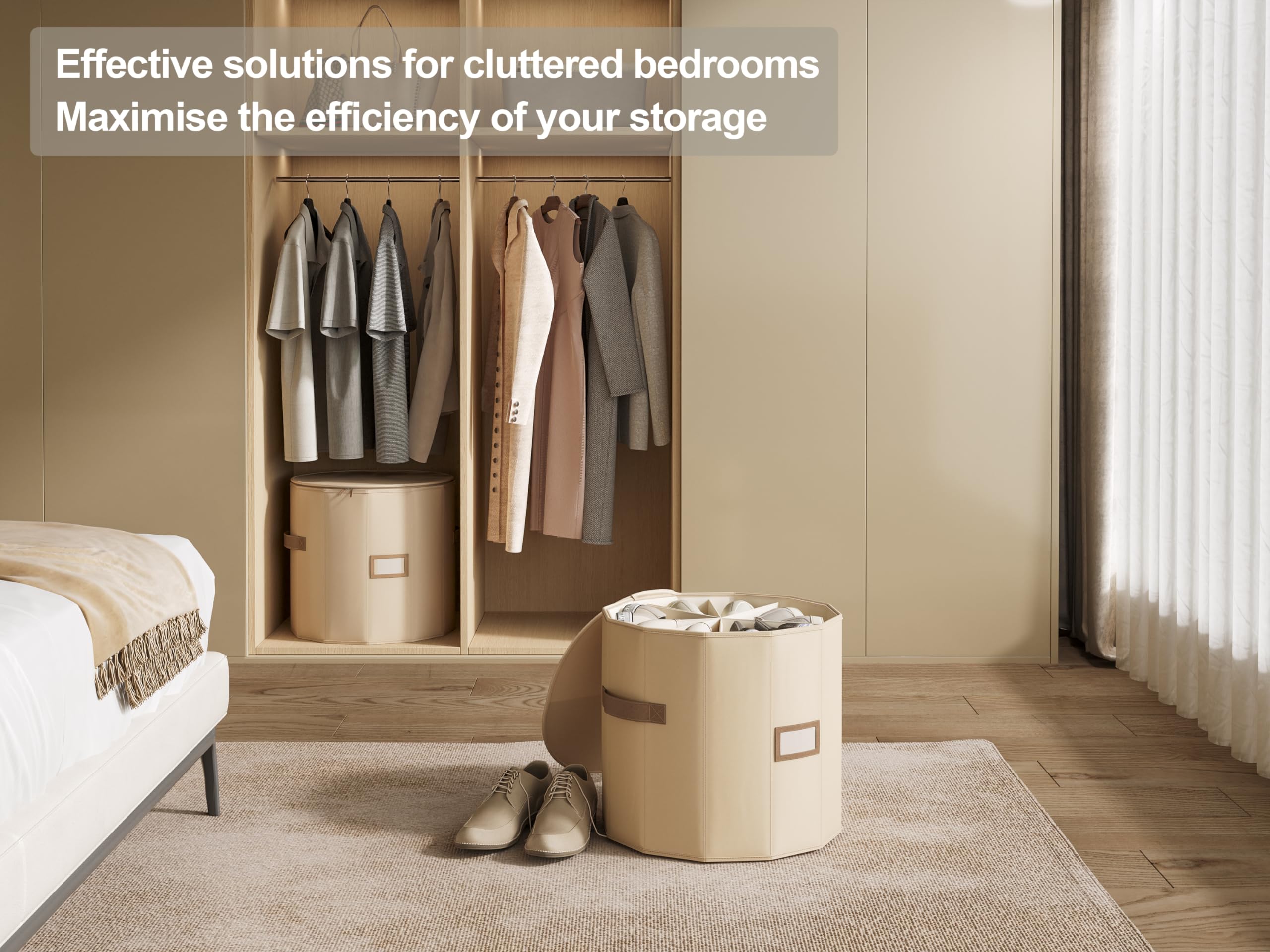 Vailando Shoe Organizer for Closet - Cylindrical Shoe Storage Organizer with Adjustable Dividers for Closet, Foldable, Beige, 1-Pack