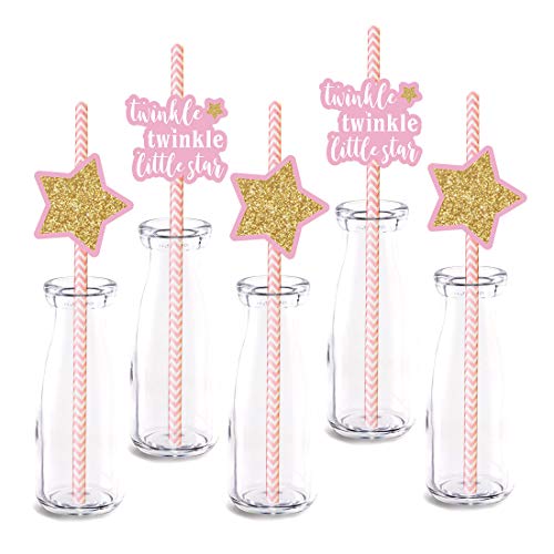 Pink Little Star Straw Decor, 24-Pack Girl Baby Shower Or Birthday Party Decorations, Paper Decorative Straws