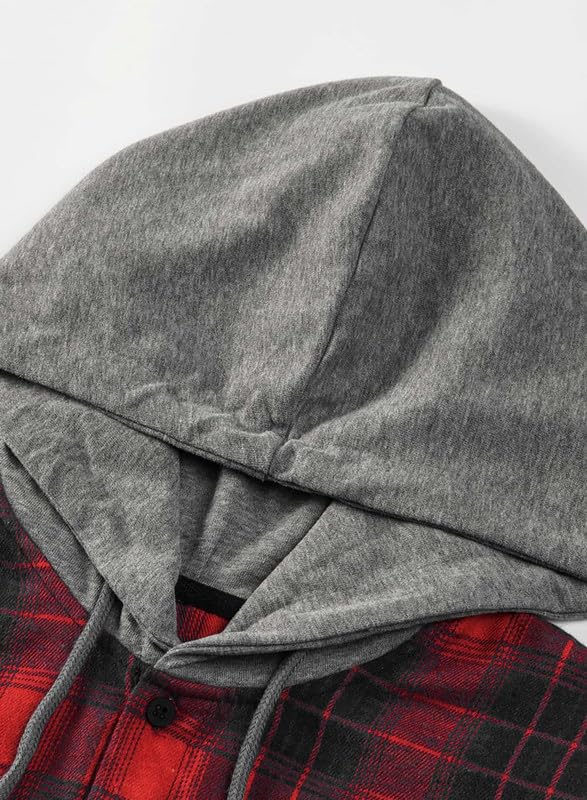 JMIERR Flannel Hoodies for Men Casual Button Down Plaid Long Sleeve Lightweight Winter Shirts Jackets,US 46 (XL),0Red