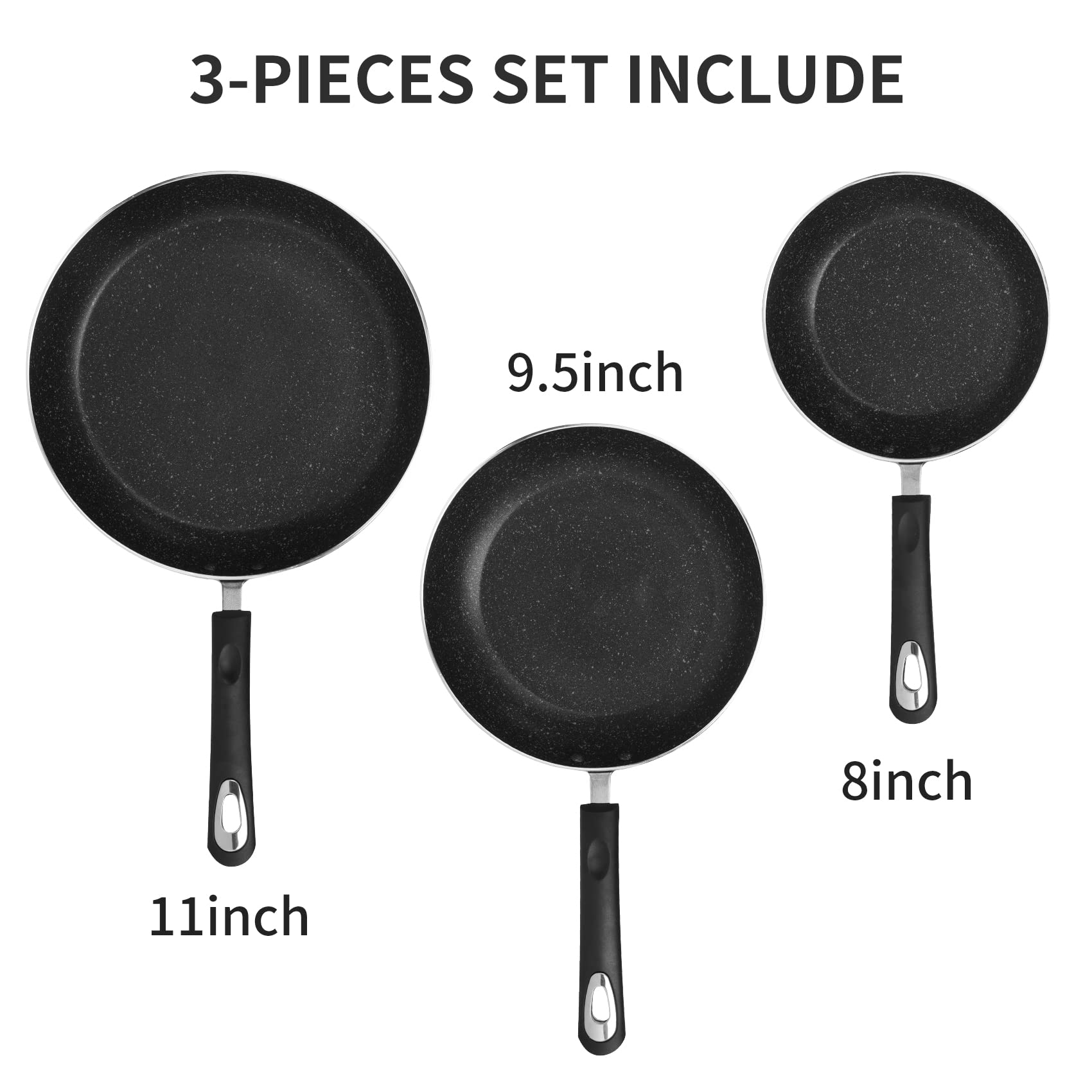 RATWIA Frying Pan 3-Piece Set, Nonstick Skillet Set for Induction Cooktop, Frying Pan Nonstick 8 Inch+9.5 Inch +11 Inch (Black)