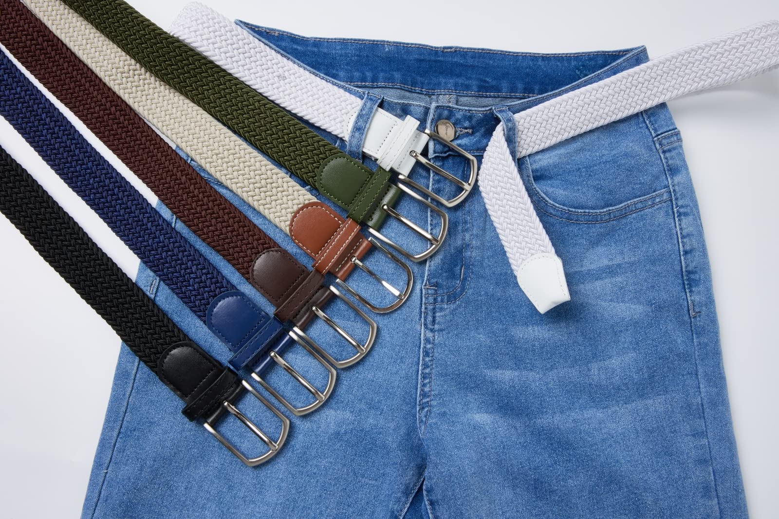 QHTETK Stretch Belt Men and Women Men's Woven Braided Web Belt for Golf Casual Pants Jeans (White)