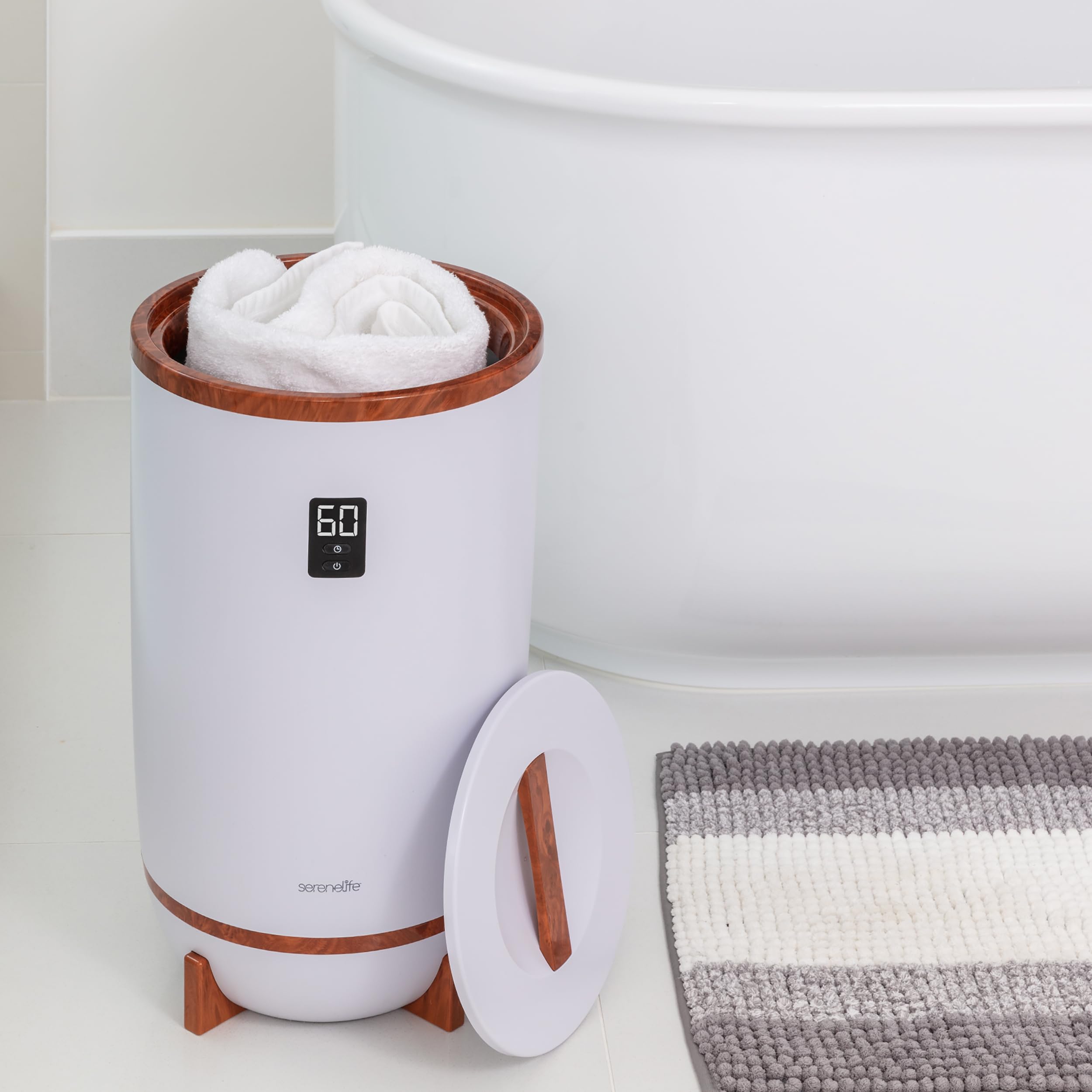 SereneLife Towel Warmer Bucket, with Customized Fragrance for Spa and Bathroom, Luxury Towel Heater Gifts for Him & Her, Auto Shut off, Fits 2 large Towels, Blankets, Bathrobes, PJ's (Cherry)