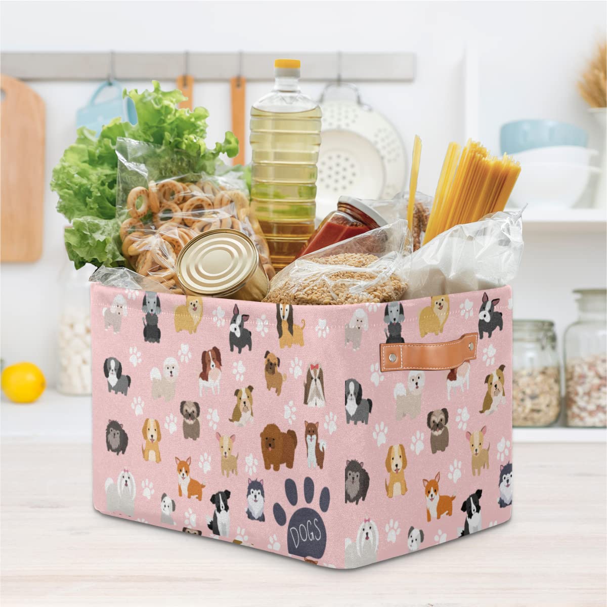 Storage Baskets with Handles, Cute Dogs Pink Storage Cube Rectangular Fabric Collapsible Toy Storage Bin Organizer for Closet Shelf Laundry Nursery Kids Bedroom, 15x11x9.5 In
