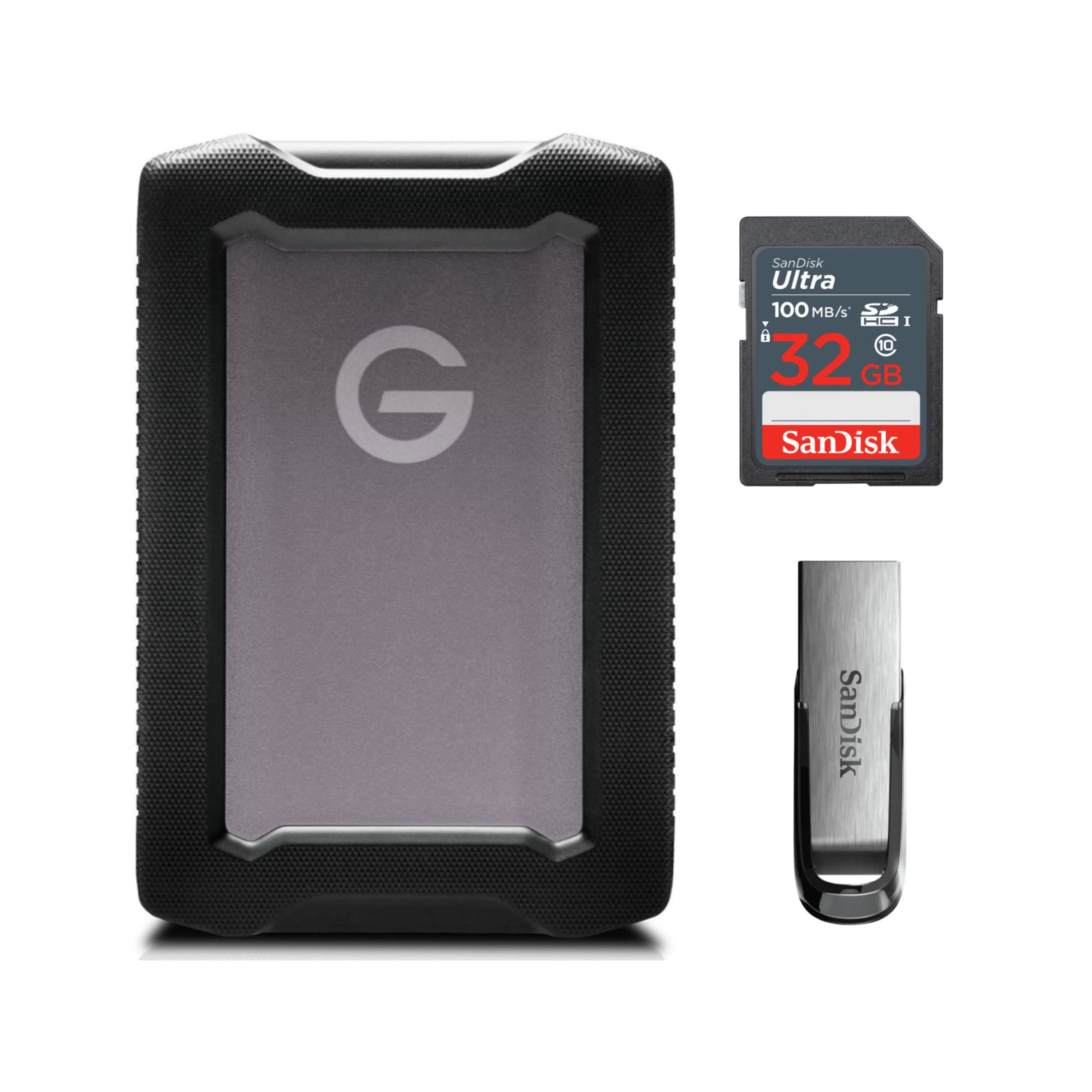 SanDisk Professional 5 TB G-Drive ArmorATD - Rugged, Durable Portable External Hard Drive HDD, USB-C, USB 3.1 Gen 1 Bundle with 32GB USB 3.0 Flash Drive and 32GB SDHC UHS-I Memory Card (3 Items)