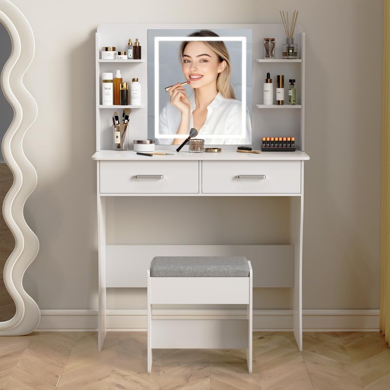 Vanity Desk with Mirror and Lights, White Makeup Vanity Desk with Led Lights Mirror and Chair, Makeup Vanity Dressing Table Set with 2 Drawers and 6 Storage Shelves for Bedroom Dressing Room