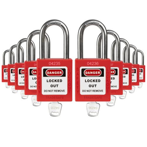 TRADESAFE Lockout Tagout Locks Set - 10 Red Loto Locks, Lockout Locks Keyed Different, 1 Key Per Lock, OSHA Compliant Lock Out Tag Out Padlocks, Safety Padlocks for Electrical Lockout Tag Out Kits