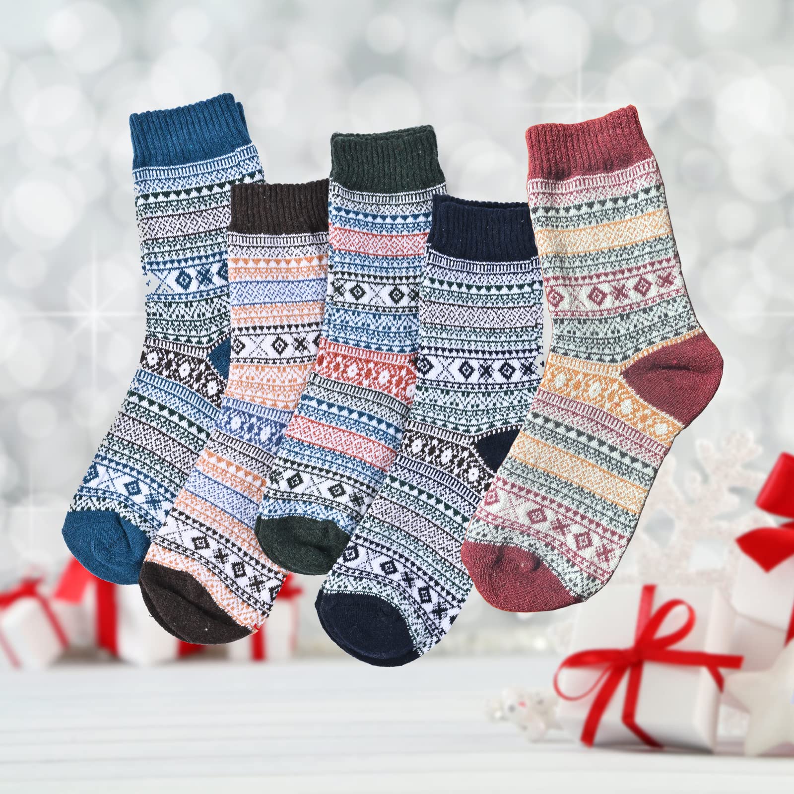 QIYISS 5 Pack Womens Wool Socks Winter - Soft Warm Cold Knit Wool Crew Socks Christmas Gift Socks for Women Vintage Casual Socks
