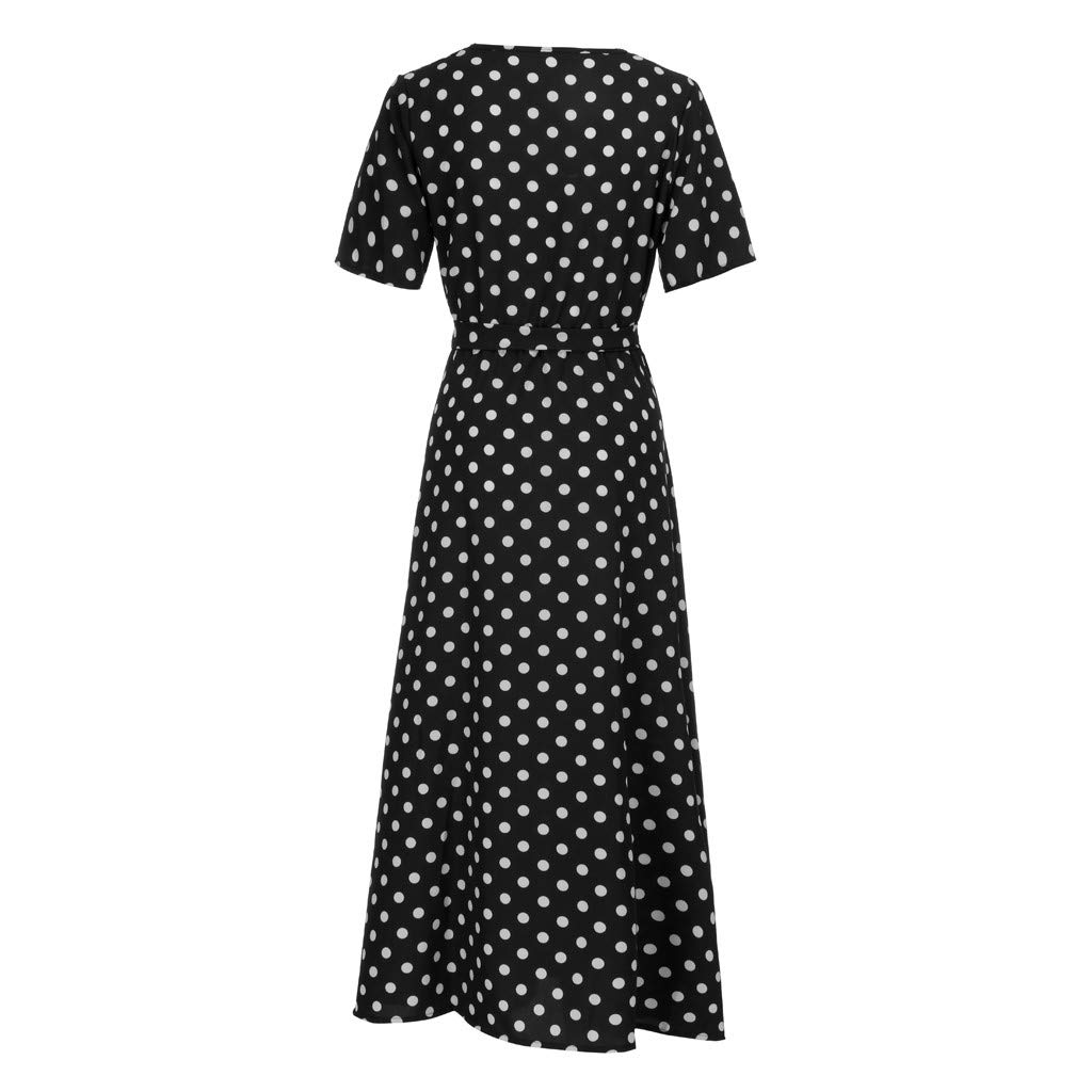 Mikilon Women Casual Boho Summer Maxi Dresses Polka Dot Short Sleeve Swing Dress with Belt