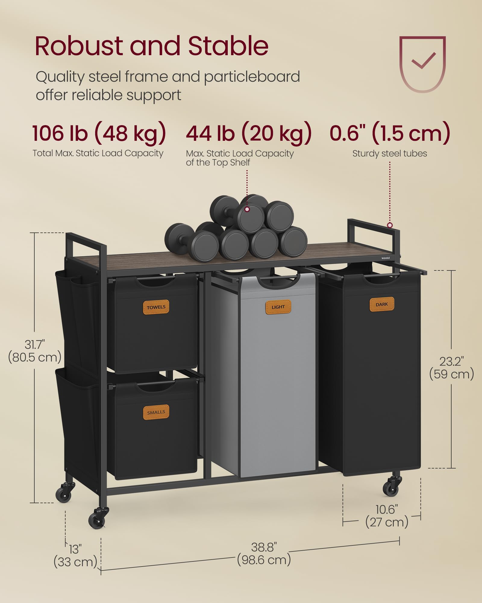 VASAGLE Laundry Hamper with 4 Compartments, 39.6 Gal. (150 L) Laundry Sorter, Rolling Laundry Cart with Shelves, Small Side Pockets, 6 Labels, Chestnut Brown, Ink Black and Dove Gray UBLH203B01