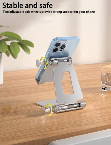 xwyebo Dual Folding Cell Phone StandPortable Aluminum Phone Holder,Adjustable Phone Dock Cradle Compatible, Fully Adjustable Foldable Desktop Phone Holder with iPhone 14/13/12/11 Pro Max(Silver)