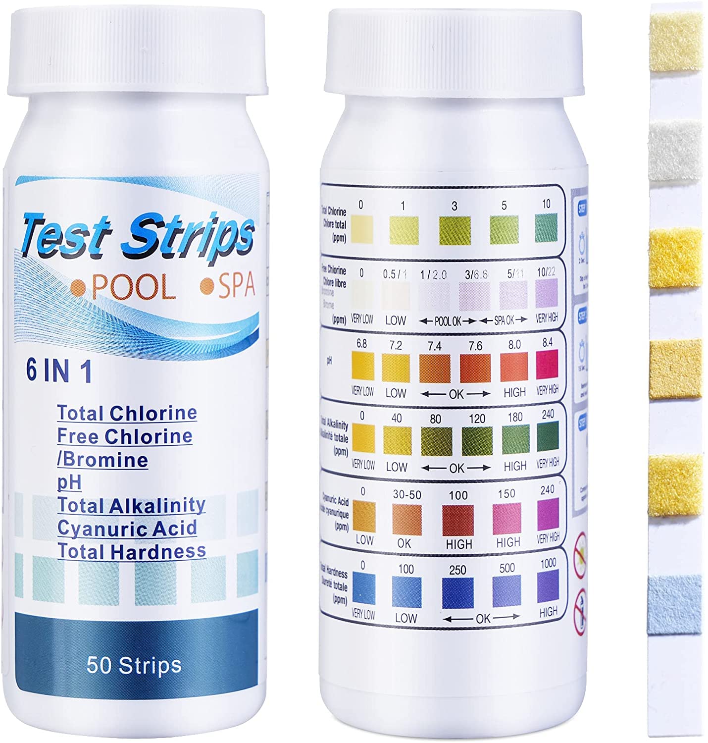 SuperCheck 6 Ways Pool Testing Strips, 7 Parameters, 100 Count, Pool Chemical Testing Kit for Chlorine, Bromine, pH, Alkalinity, Cyanuric Acid and Hardness, Pool and Spa Test Strips, Pool Water Tester
