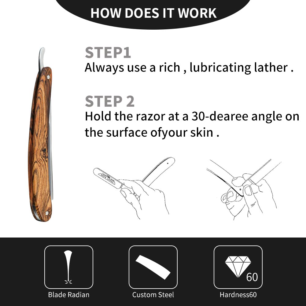 Straight Razor Wooden Handle Shaving Ready for Men Barber,Straight Edge Razor Kit Professional Shaving Razor with Leather Strop Brush Shaving Cream,Barber Approved