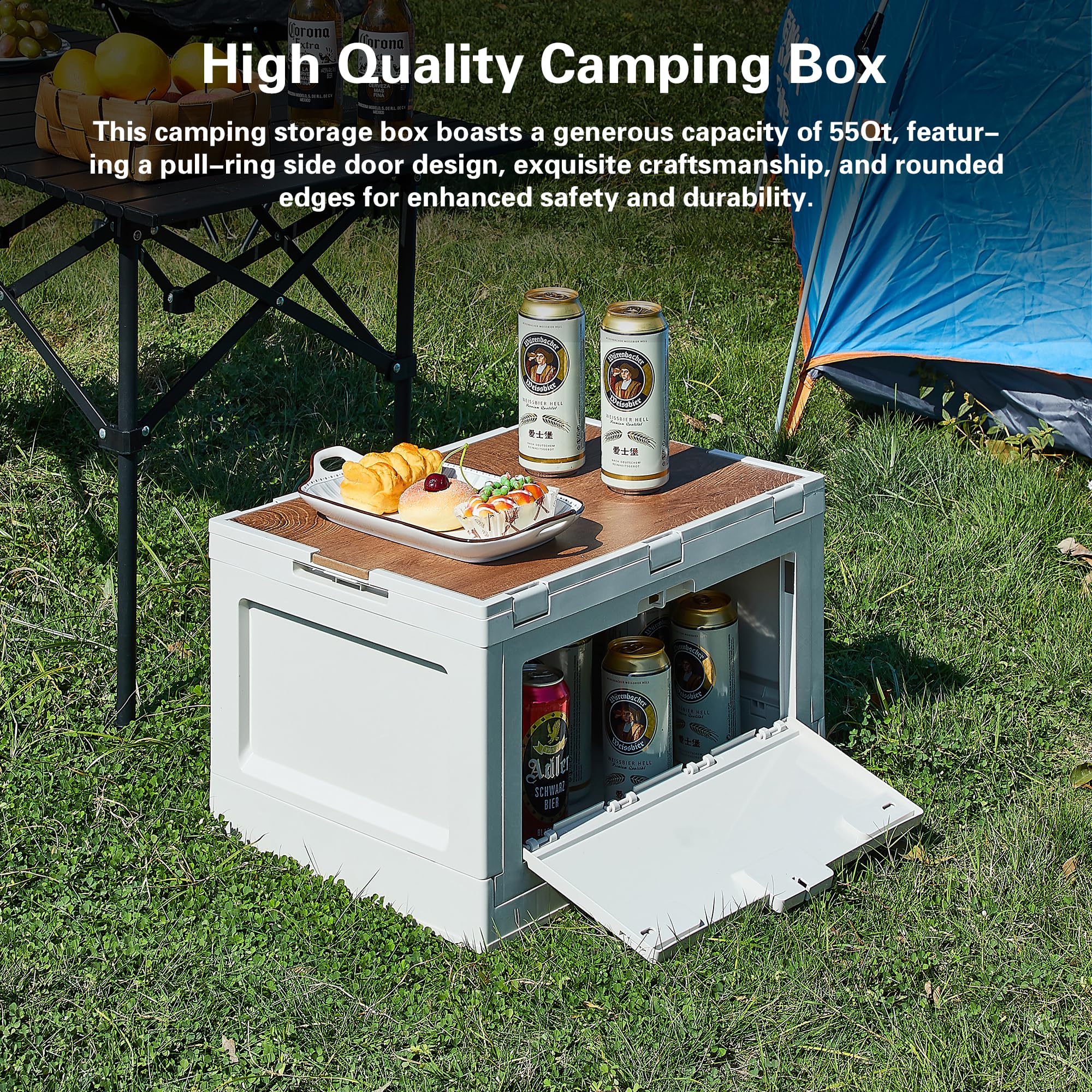 VECELO Collapsible Storage Bins with Lids, 55 Qt Large Foldable Plastic Box with Handles, Foldable Folding Camping Box with 2 Side Doors, Portable Storage Box for Camping, Outdoor/indoor, Beige