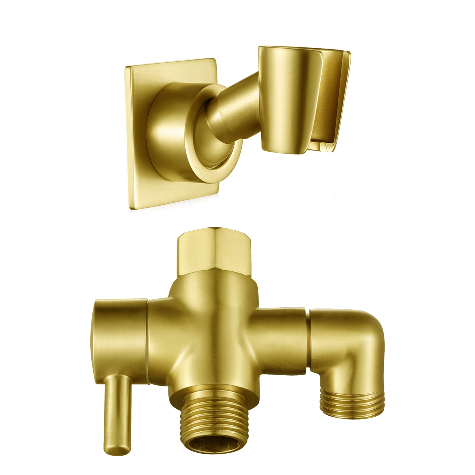 YDmeet Shower Head Holder for Handheld Shower Wand and Shower Diverter Valve with Elbow Outlet Desgin, All Metal Brass, Brushed Gold