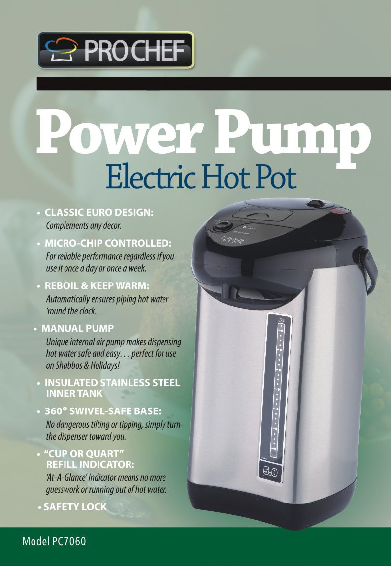 ProChef, 5, M PC7060 Electric Hot Urn, Stainless Steel, Quart, Double Power Pump, Water, Safety Lock, Reboil and Keep Warm Options, Manual Dispenser