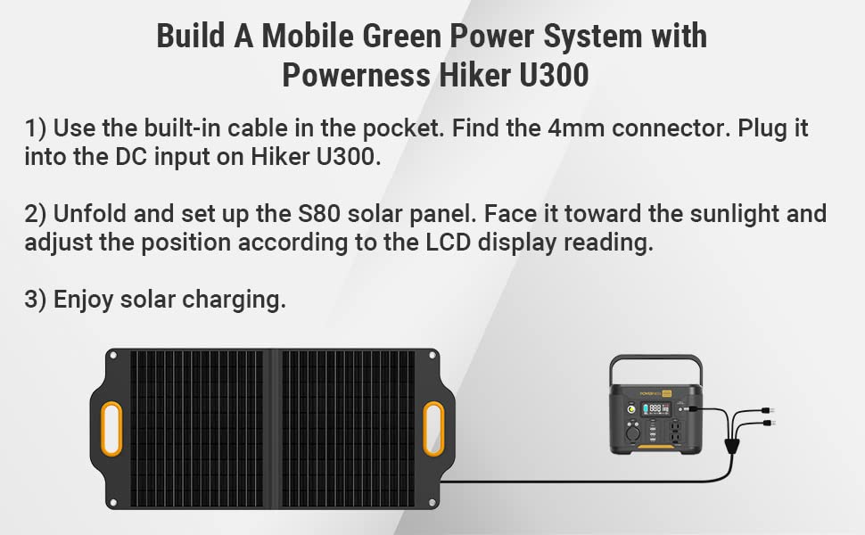 Powerness Solar Generator 300 Portable Power Station 296Wh with 80W Portable Solar Panel, Battery Powered Generator with 2x300W AC Outlets (Surge Power 600W) and PD 60W In/output for Outdoor Camping
