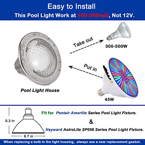 Pool Lights with Remote Control, 120V 45W RGB Color Changing Underwater LED Pool Light for Inground Pool, Swimming Pool Lights, E26/E27 Pool Bulb Repalcement, Fit Pentair Hayward Pool Light Fixtures