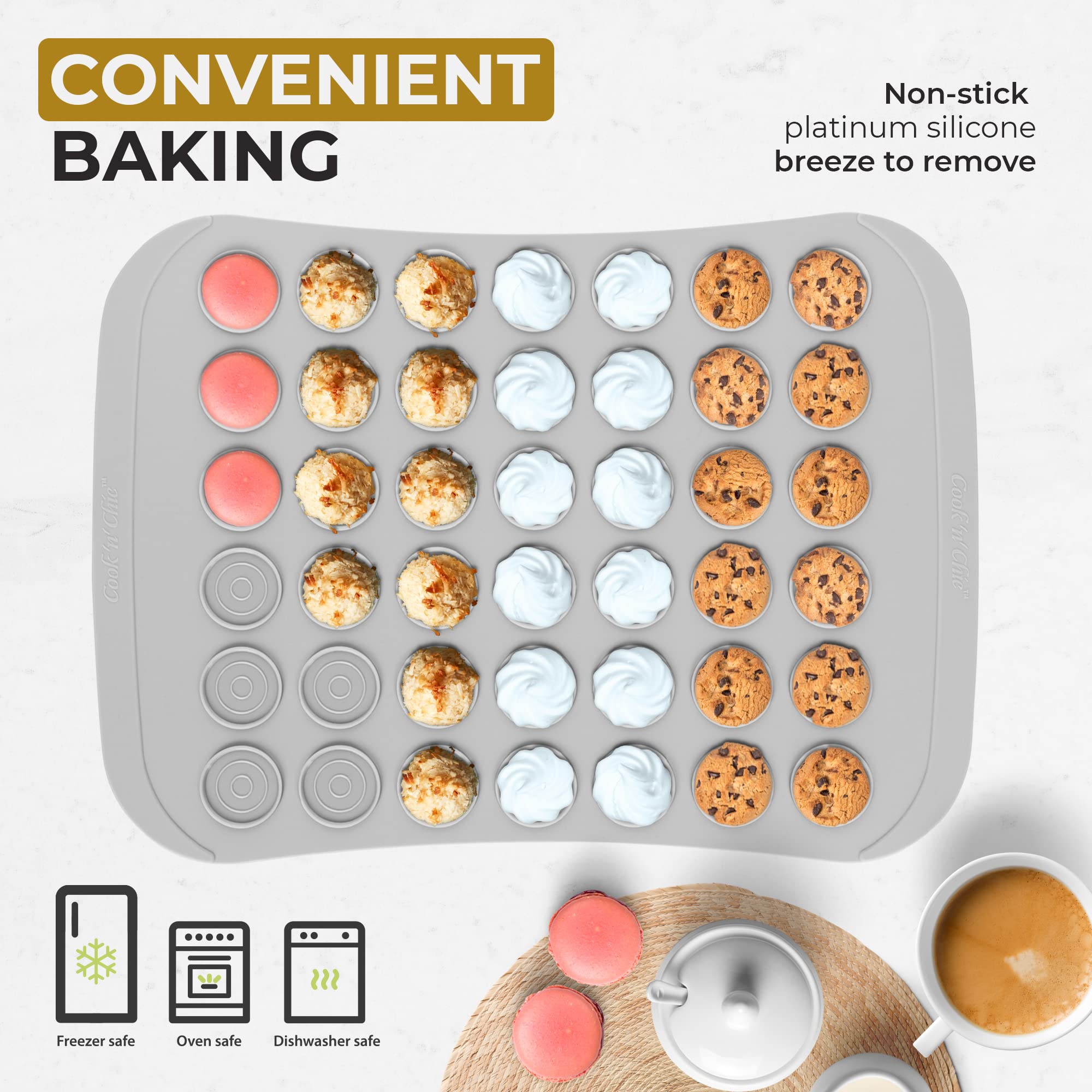 Professional Silicone Macaron Baking Mat - Thick Non-Stick Surface - Oven Microwave Dishwasher Freezer Safe - Reusable Sheet for Macarons, Meringues, Pastries - 42 Round Cookies by Cook’n’Chic