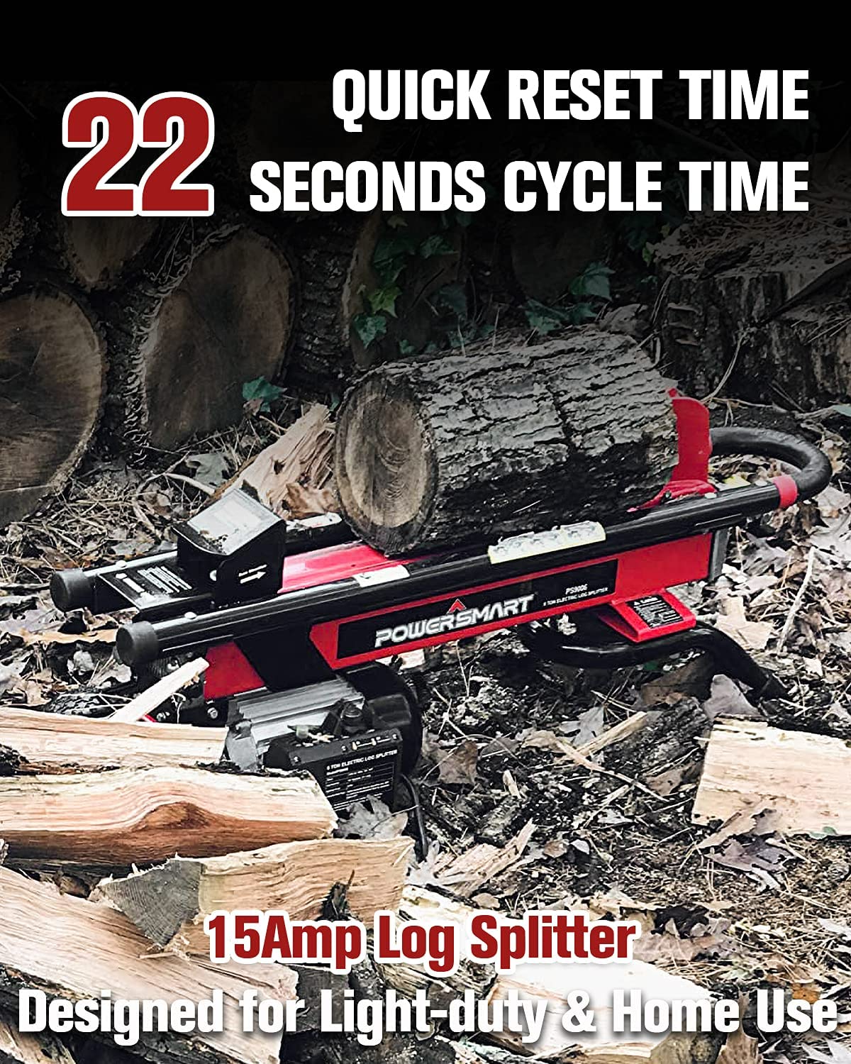 PowerSmart Log Splitter Electric, 6-Ton Hydraulic Log Splitter, 15 Amp Electric Log Splitter, Electric Wood Splitter, Horizontal Full Beam with Steel Wedge for Firewood Splitter Kindling Log Cutter