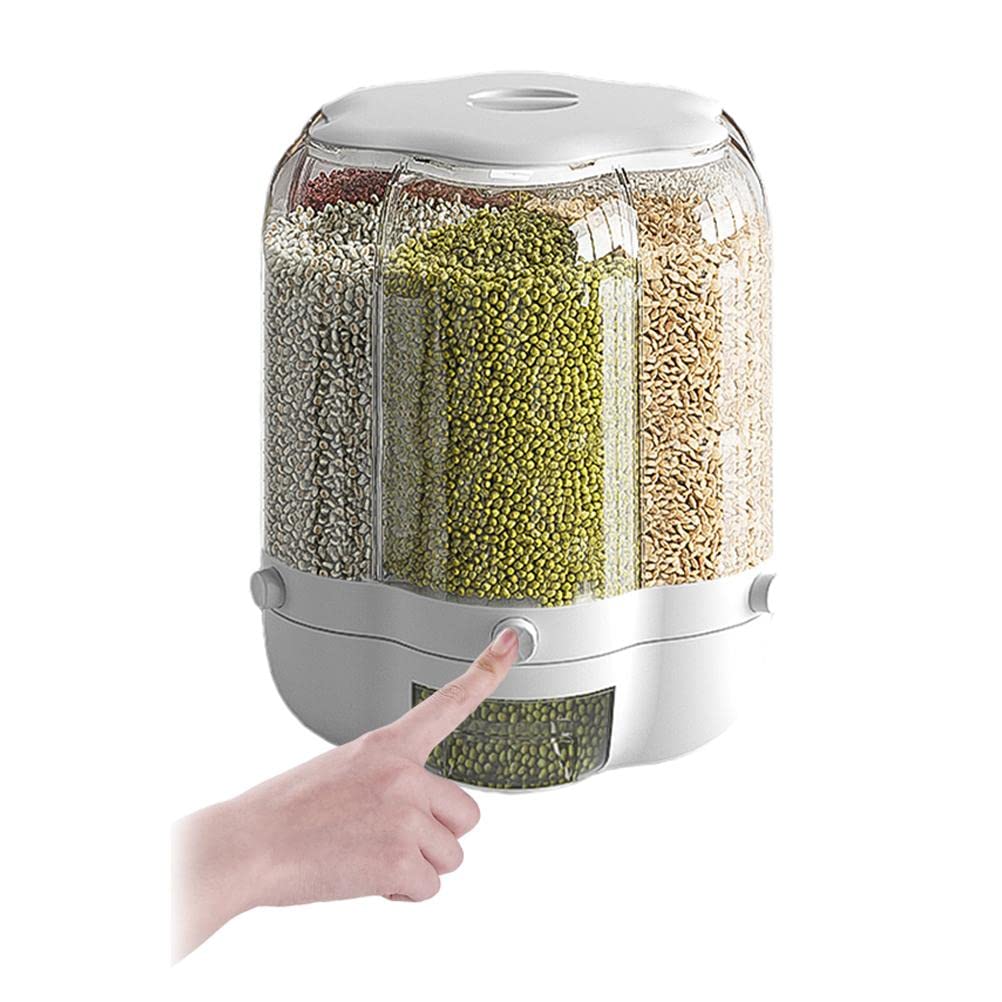 OHEPFD Food Grain Storage Container Large Capacity 6-Grid Rice Dispenser, 9L Rotatable Sealed Grain Storage Rice Bucket Kitchen Storage Box for Home Kitchen