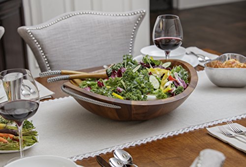 Nambe Braid Salad Bowl with Servers | 3-Piece Set | Large Wooden Serving Bowl for Caesar Salad, Large Salads | Big Salad Bowl with Serving Utensils | Made of Chrome & Acacia Wood (20” L x 16” W)