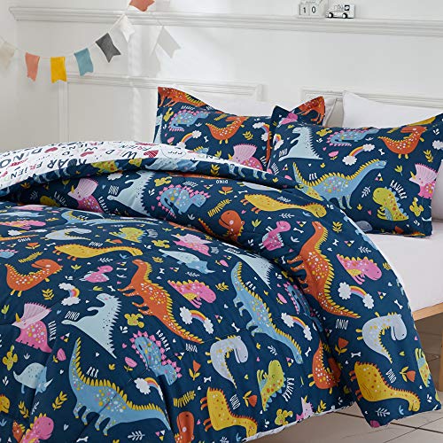 Joyreap 3pcs Comforter Set for Kids Boys, Cute Dinosaur Printed on Navy Reversible Design, Soft Microfiber Comforter for All Season (Twin, 68x86 inches)