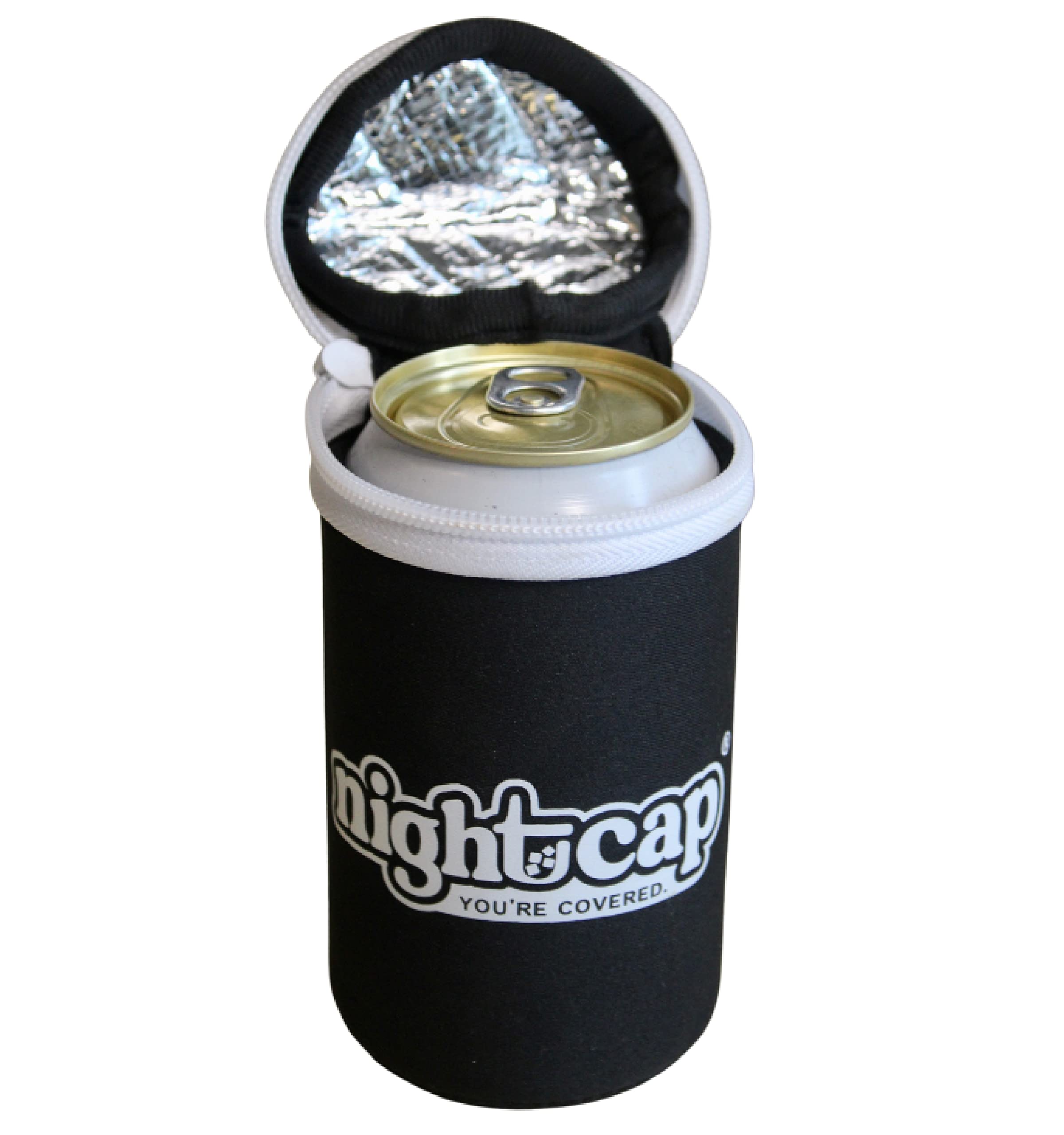 Nightcap Beer Can Cooler with Zippered Cover, Black - The Reusable, Insulated Can Cooler Sleeve Keeps Drinks Cold and Unwanted Particles Out - Easy to Hold Can Coozie Fits Most 12 oz Can Beverages