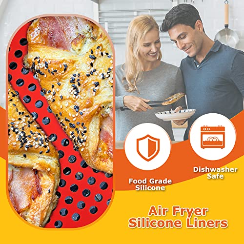 Reusable Air Fryer Silicone Liners Set, 8.5in Non Stick Perforated 5.8qt Air Fryer Accessories with Magnetic Cheat Sheet Deep Fryer Parts Replace Parchment Paper Easy Clean, 3 Pcs Square