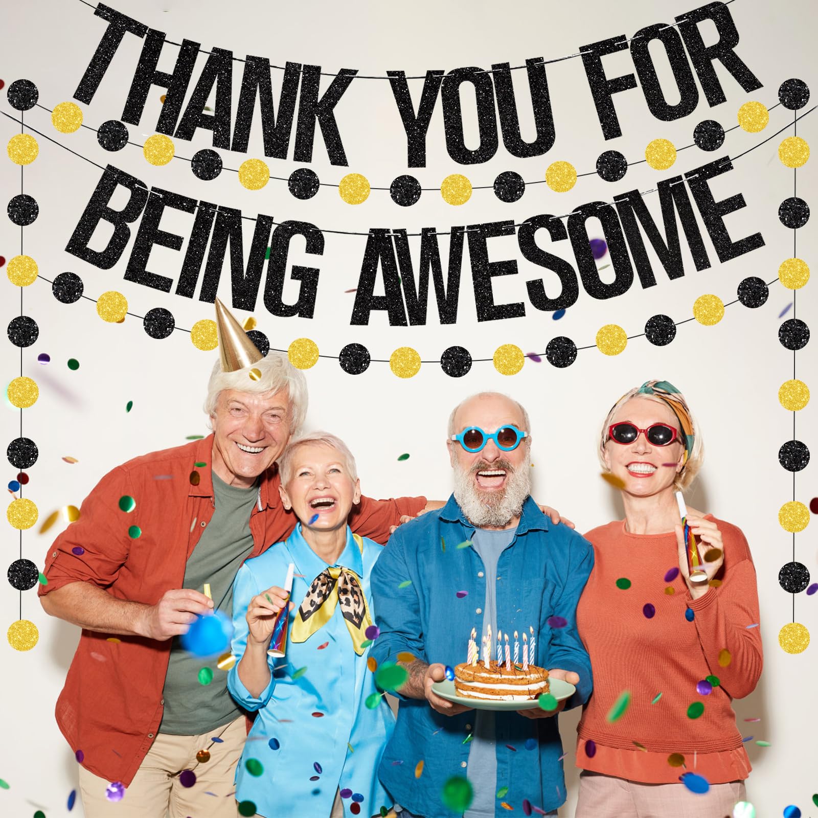 Thank You for Being Awesome Banner, Black Glitter Banner Party Decorations with 2pcs 6.6FT Hanging Circle Dot Garland Streamer for Graduation Retirement Farewell Going Away Office Work Goodbye Party