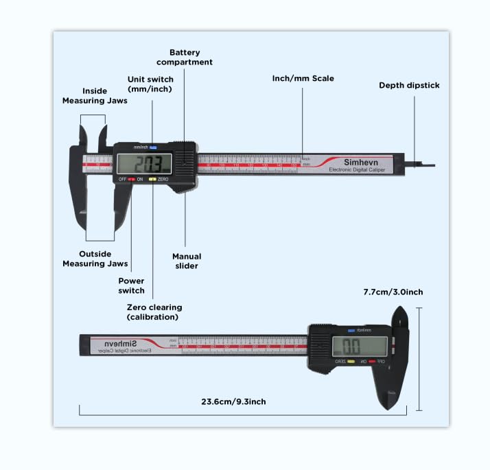 Simhevn electronic digital calipers, inch and millimeter conversion,LCD screen displays 0-6"caliper measuring tool, automatic shutdown, suitable for DIY/jewelry measurement (6''Black Stainless steel)