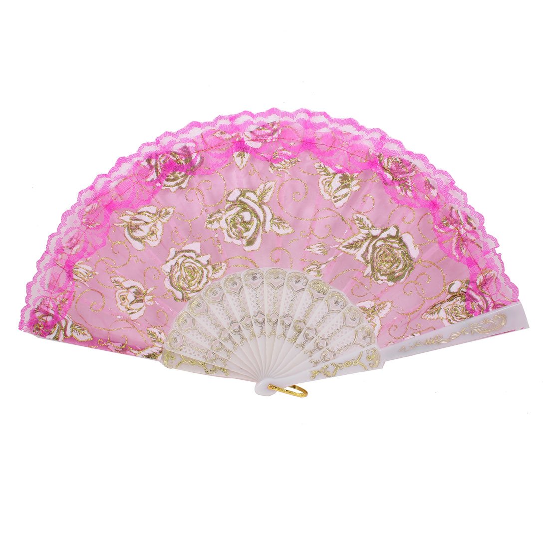 Qtqgoitem Rose Flower Pattern Lace Brim Organza Folding Hand Fan w D Ring Pink (model: 275 bf7 b8b 8b6 069)