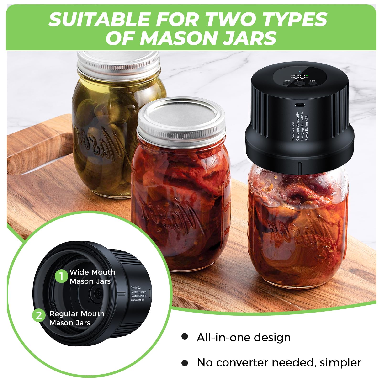 YANOY Electric Mason Jar Vacuum Sealer Kit for Wide Mouth and Regular Mouth Mason Jars, Food Saver Bags & Vacuum Seal Containers, ๐ฎ๐ฌ๐ฎ๐ฐ ๐๐ฆ๐๐ซ๐ญ ๐๐ฉ๐ ๐ซ๐๐๐ - ๐๐ฅ๐๐๐ค ๐๐ซ๐จ